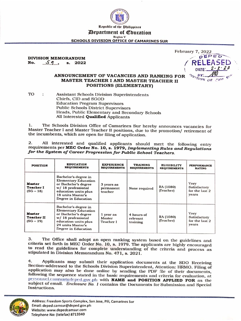 Division Memo Re MT II and MT I Ranking Feb 2022 | PDF | Teachers ...