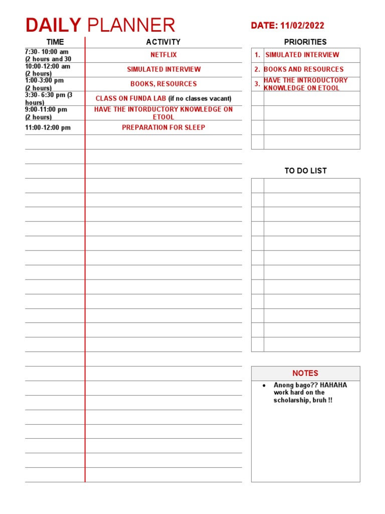 Daily Planner: Time Activity Priorities | PDF