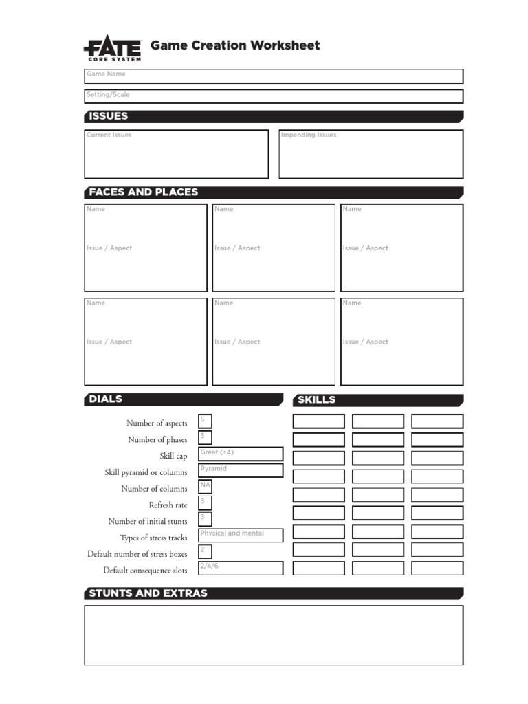 Fate Core Game Creation Worksheet | PDF