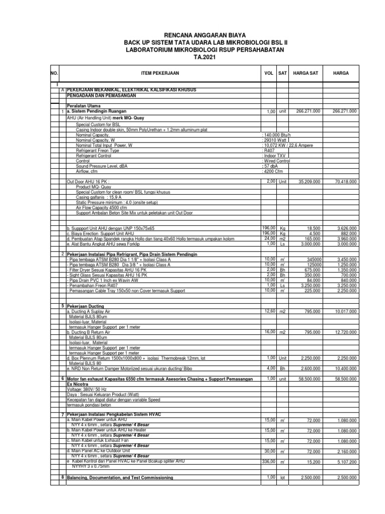 RAB Backup Sistem Tata Udara Lab Mikrobiologi BSL 2 | PDF