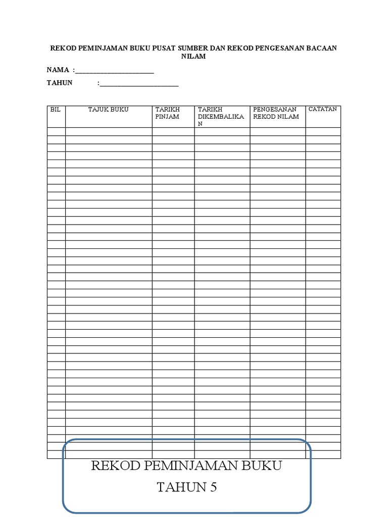 Rekod Peminjaman Buku Pusat Sumber Dan Rekod Pengesanan Bacaan Nilam | PDF