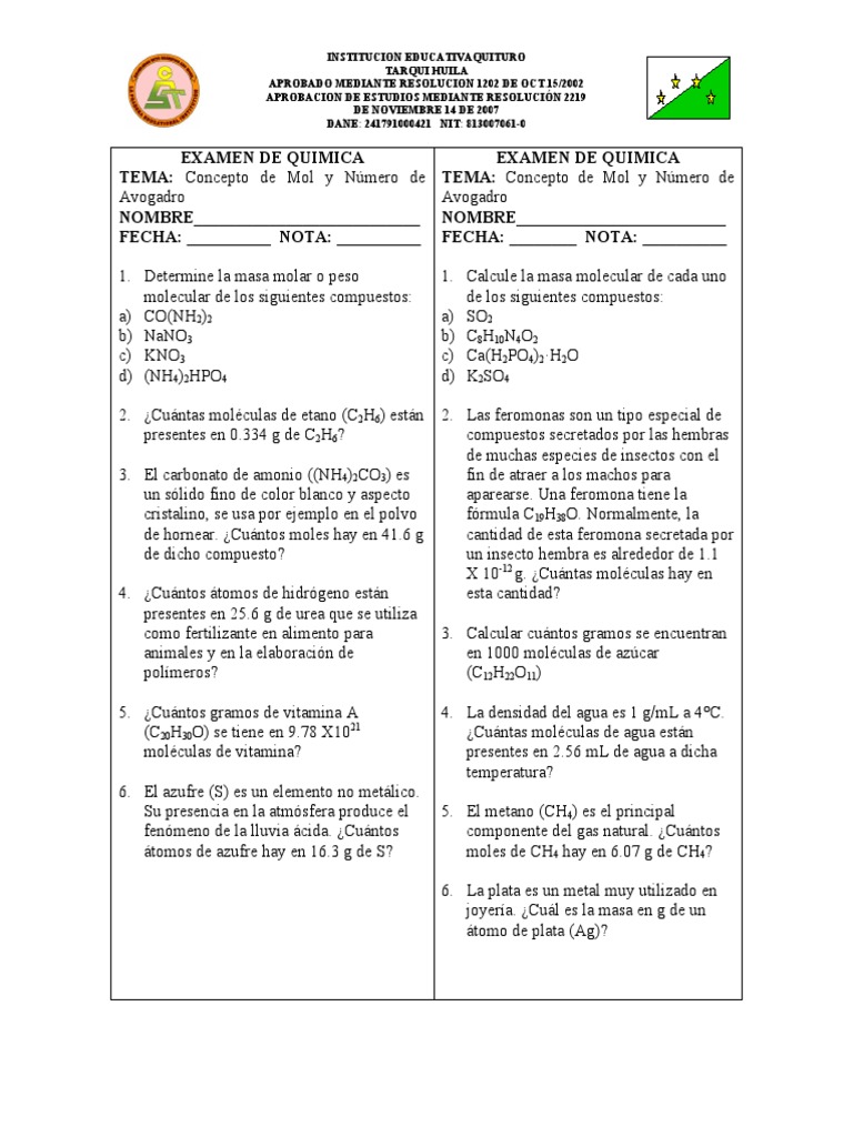 Ejercicios sobre Mol y Número de Avogadro | PDF | Mole (Unidad) | Metano