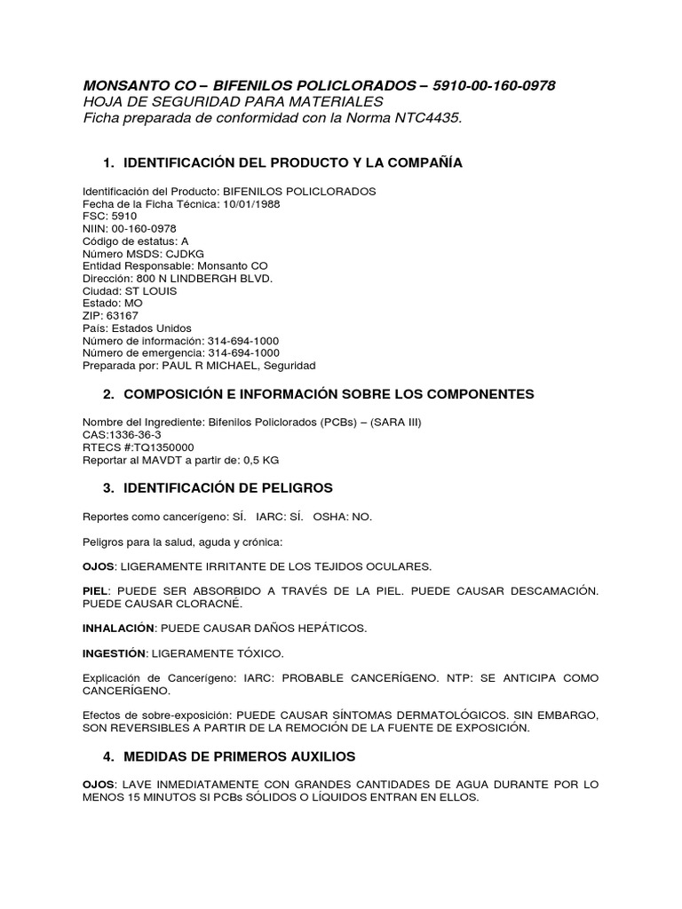C - MSDS PCBs ES | PDF | Bifenilo policlorado | Química