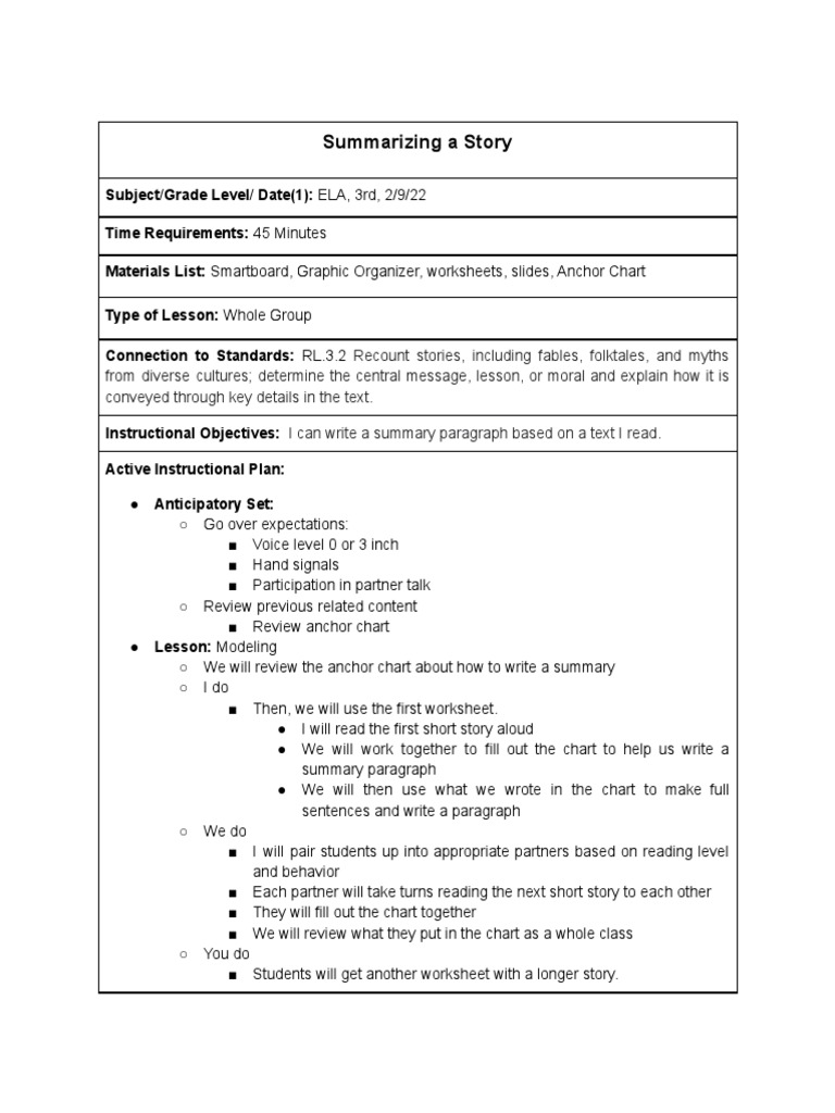 Summarizing A Story Lesson Plan | PDF | Behavior Modification ...