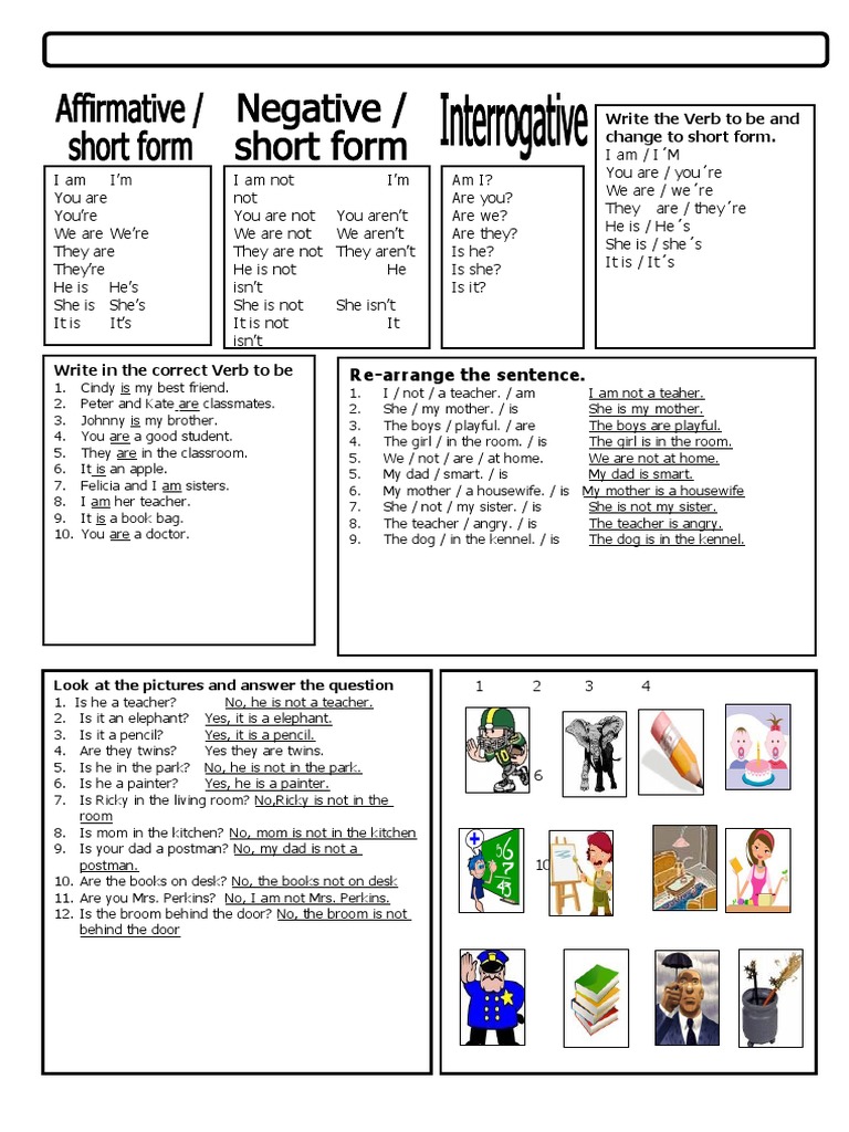 Re-Arrange The Sentence.: Write The Verb To Be and Change To Short Form ...