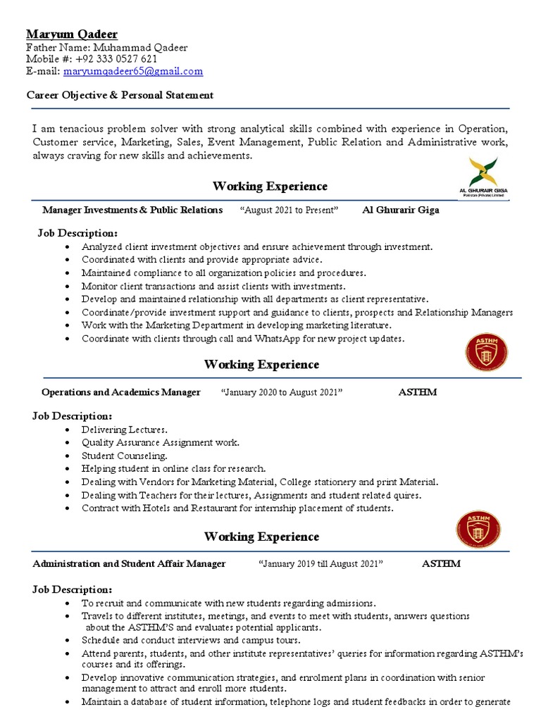 Maryum Qadeer Career Objective And Personal Statement Pdf Marketing Customer