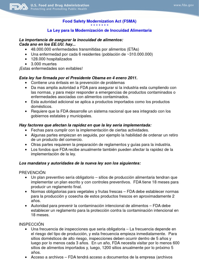 Ley FSMA: Modernización de Inocuidad Alimentaria | PDF