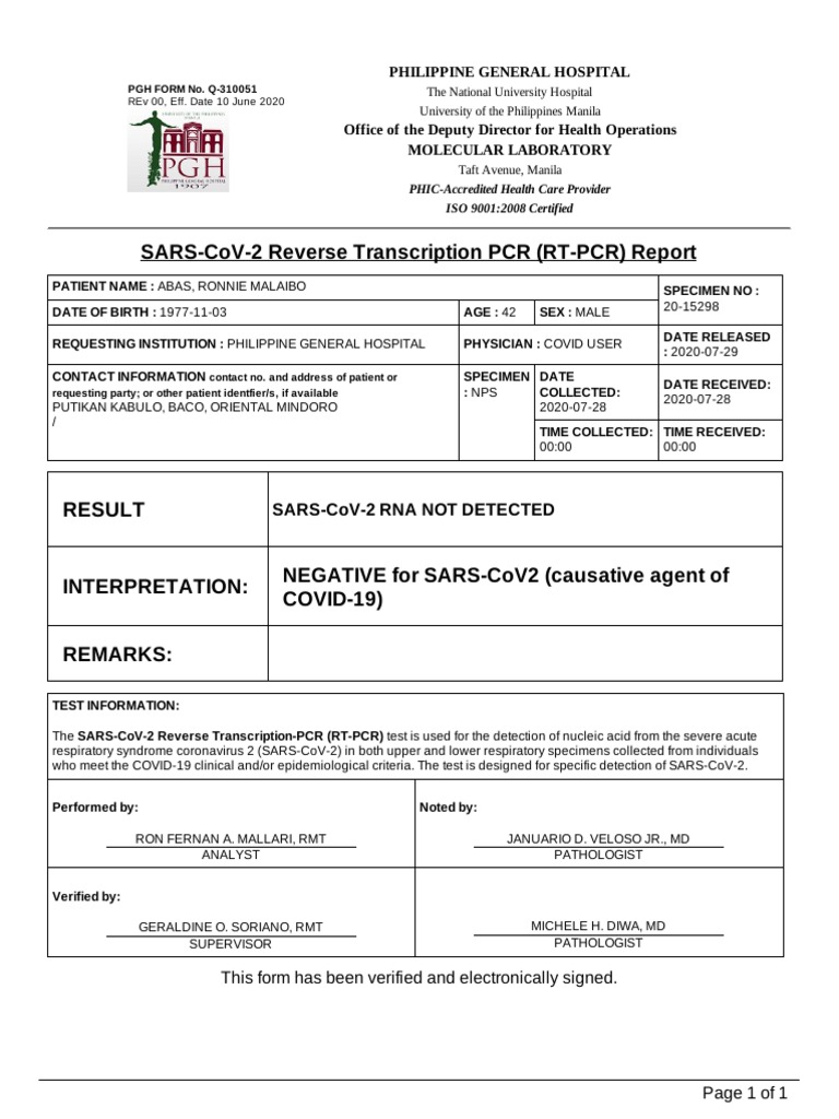 Sars-Cov-2 Reverse Transcription PCR (RT-PCR) Report | PDF | Reverse ...