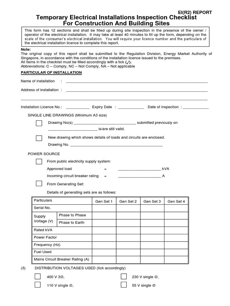 Temporary Electrical Installations Inspection Checklist For ...