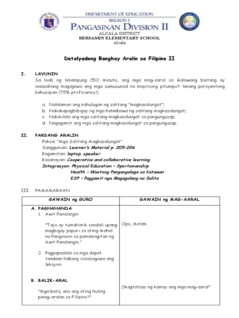 Detalyadong Banghay Aralin Sa Filipino I | PDF