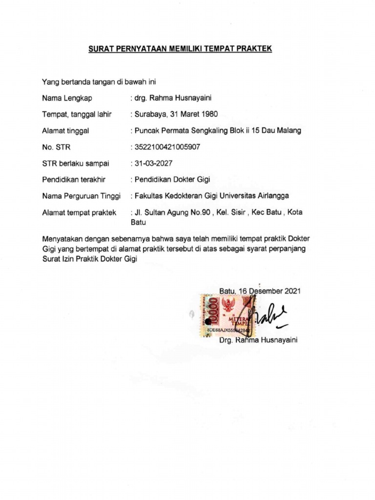 Surat Pernyataan Memiliki Tempat Praktek Pengurusan SIP Kota Batu | PDF