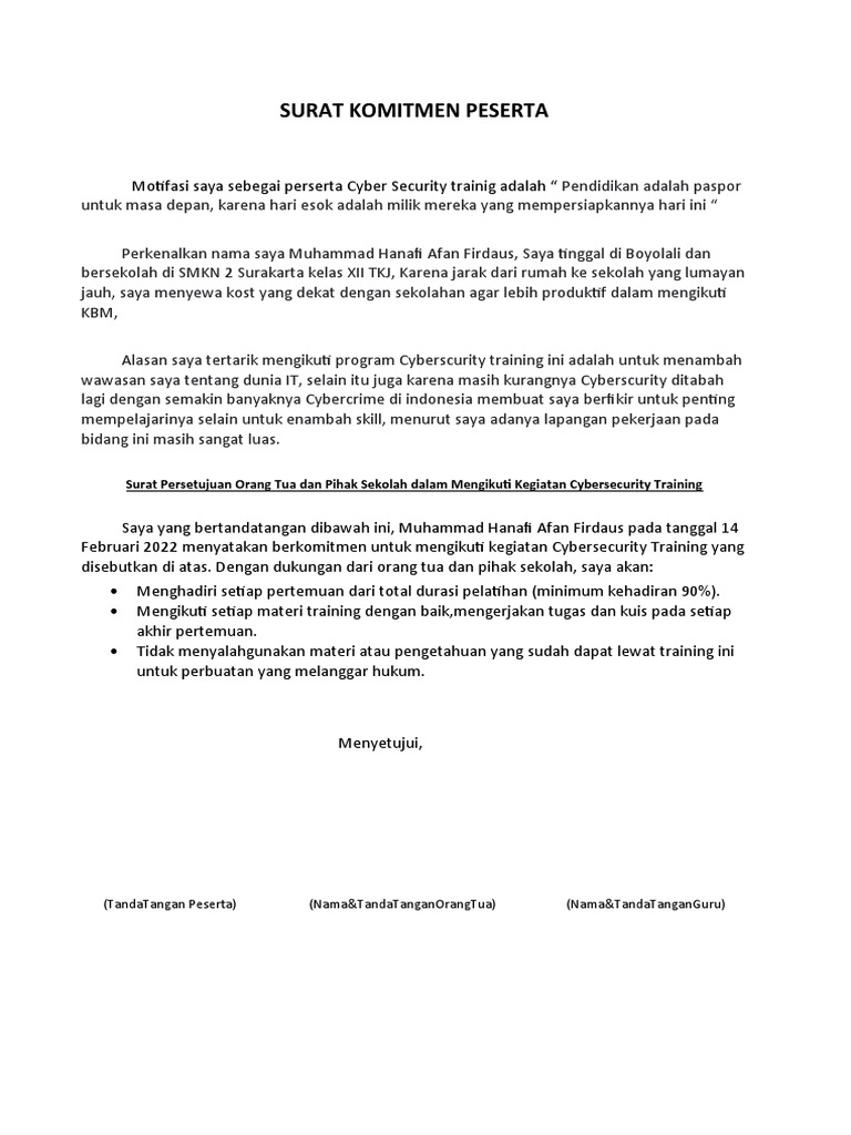 Contoh SURAT KOMITMEN PESERTA | PDF | Karier & Perkembangan