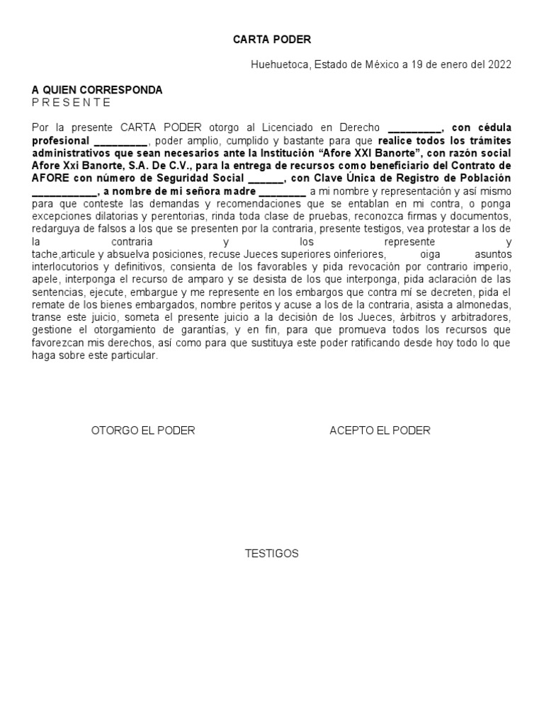 Ejemplo de Carta Poder para Afore | PDF