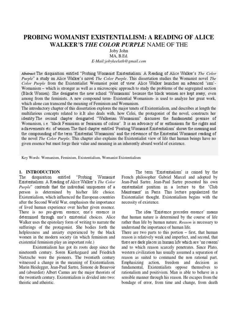 Probing Womanist Existentialism A Reading of Alice Walker's The Color ...
