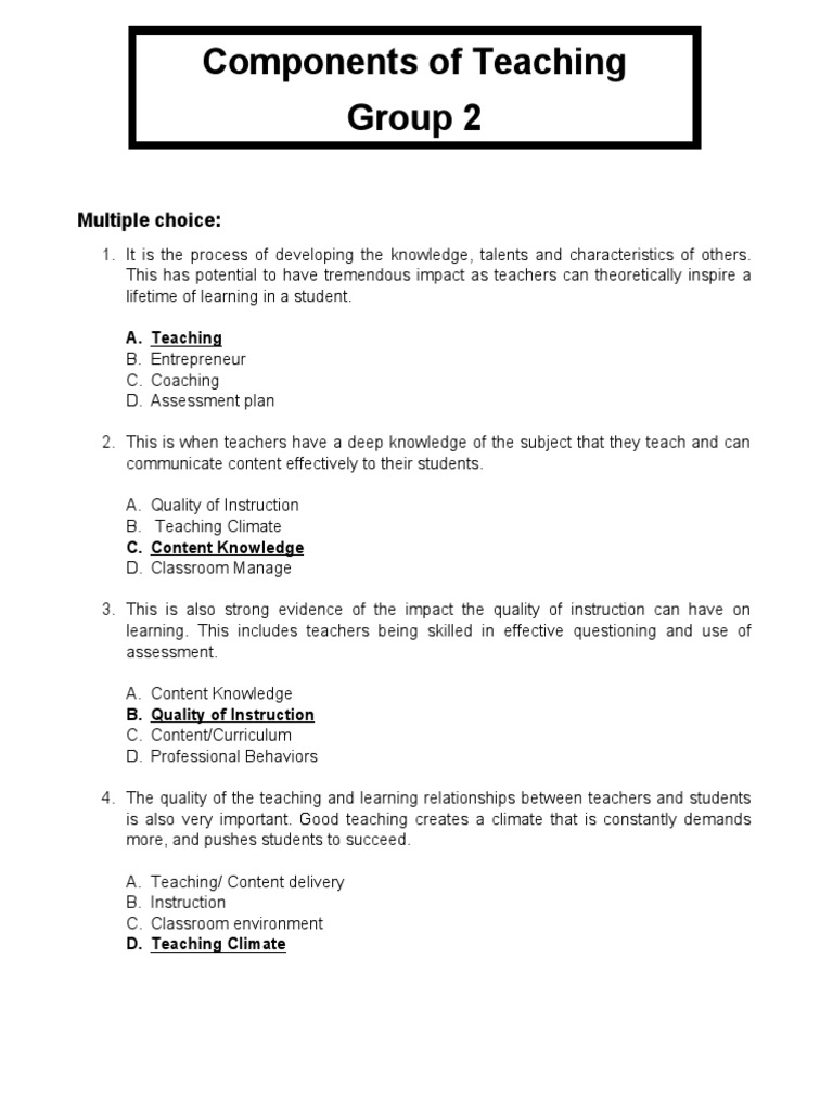 Questions - and - Answer Key - Components of Teaching - Group 2 | PDF ...