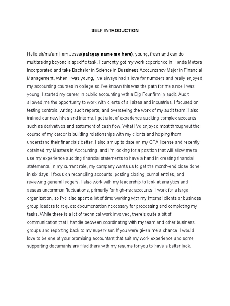 Self Introduction - Accountant Job Interview | PDF | International ...