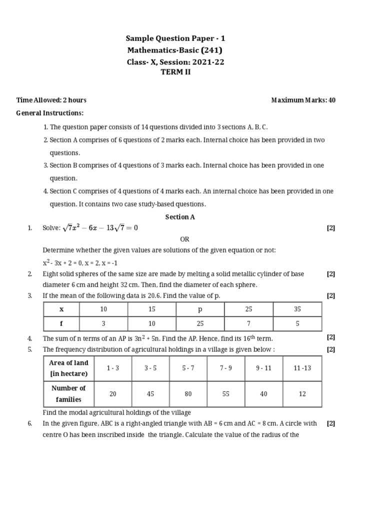 Sample Question Paper - 1 Mathematics-Basic (241) Class-X, Session ...