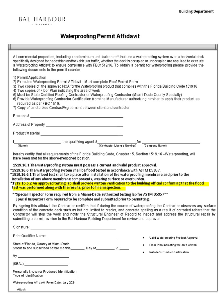 Waterproofing Permit Affidavit 9.21 | PDF | Roof | Economic Sectors