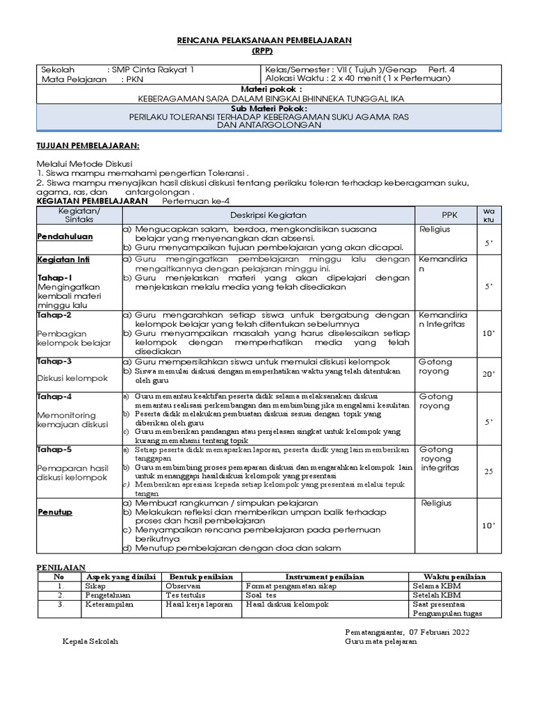 RPP PPKN Kelas 7 Semester 2 Bagian 4 | PDF