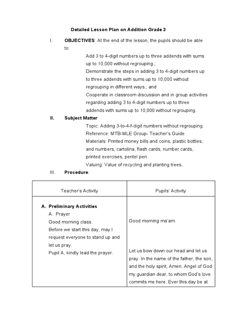 Detailed Lesson Plan On Addition Grade 3 | PDF | Lesson Plan | Prayer