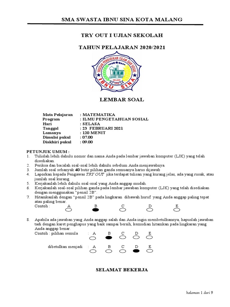 Soal Try Out 1 Matematika (Ips) - Smas 2017-2018 | PDF