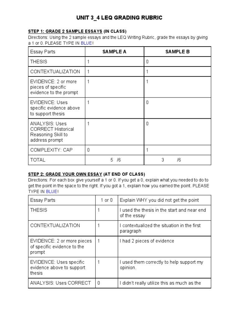 Unit 3 - 4 Leq Grading Rubric | PDF | Essays | Cognition