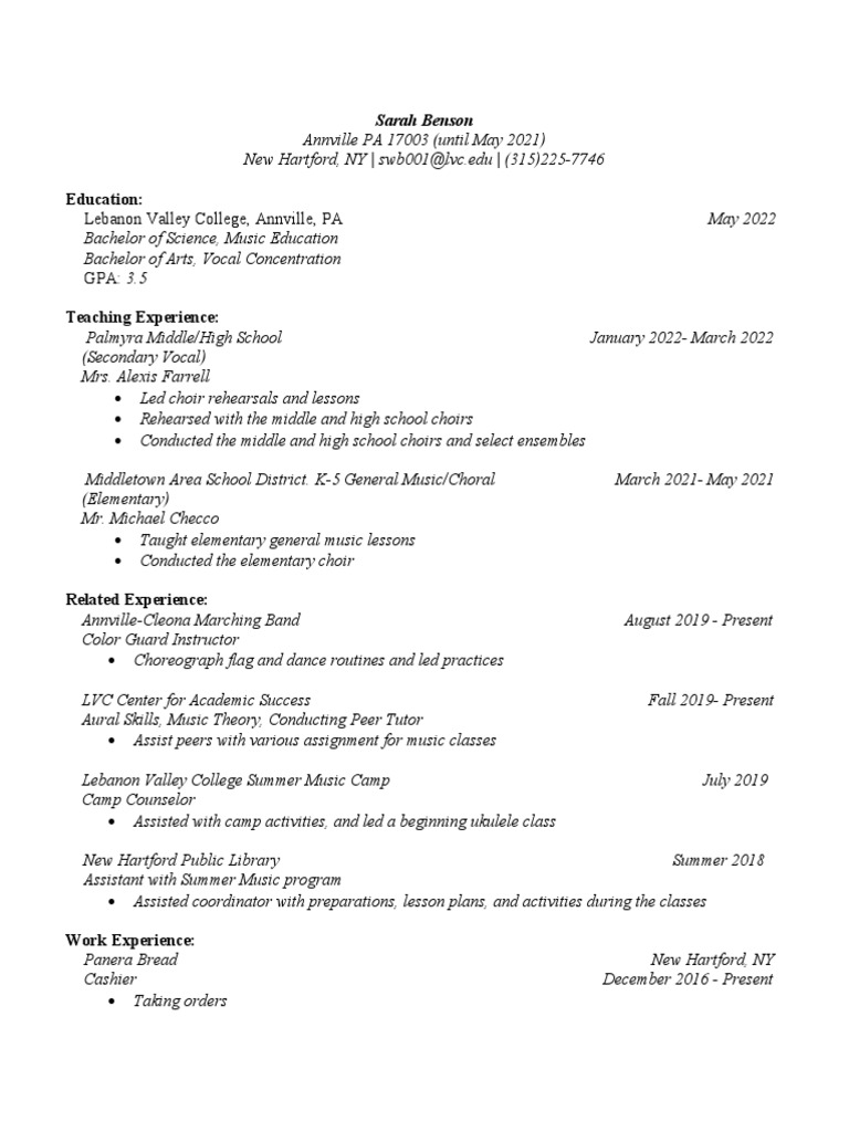 Benson Sarah Resume | PDF | Choir | Performing Arts