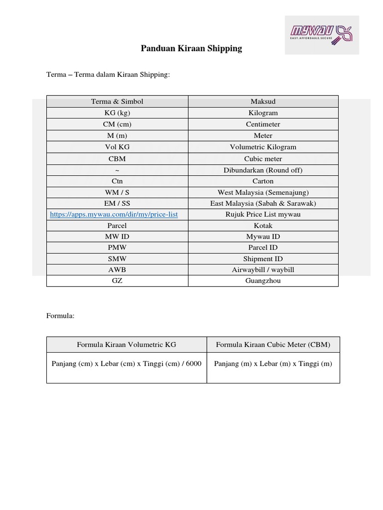 Panduan Kiraan Shipping 2021 | PDF