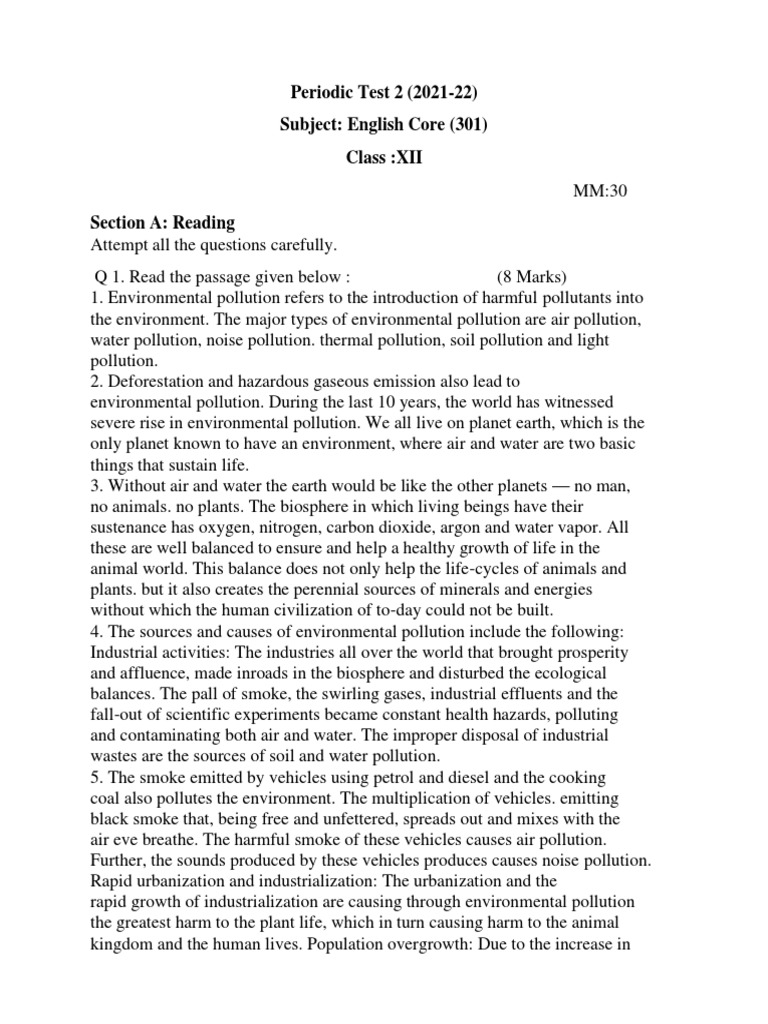 Periodic Test 2 (2021-22) Subject: English Core (301) Class:XII | PDF ...