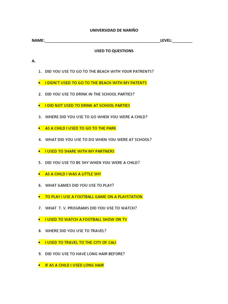 Used To Questions for English Practice | PDF | Self-Improvement | Wellness