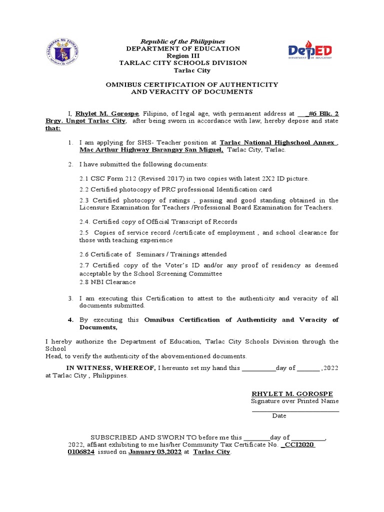 B. Deped Omnibus Certification | PDF | Authentication | Government And ...
