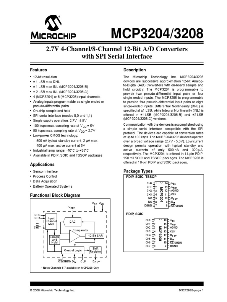 MCP 3208 | PDF | Analog To Digital Converter | Signal To Noise Ratio
