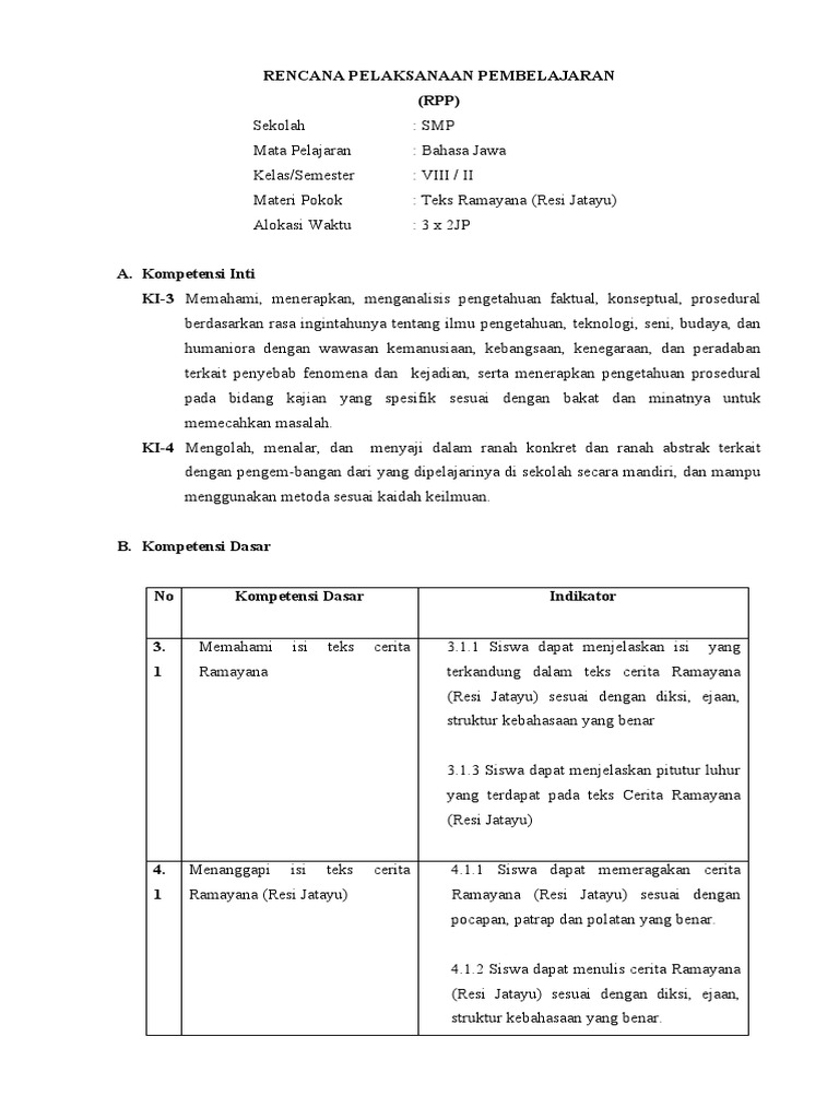 RPP Bahasa Jawa Kelas VIII: Teks Ramayana Resi Jatayu | PDF | Seni ...