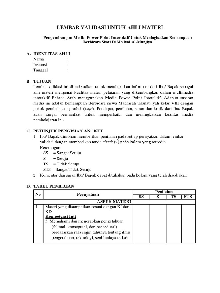 Lembar Validasi Ahli Materi | PDF