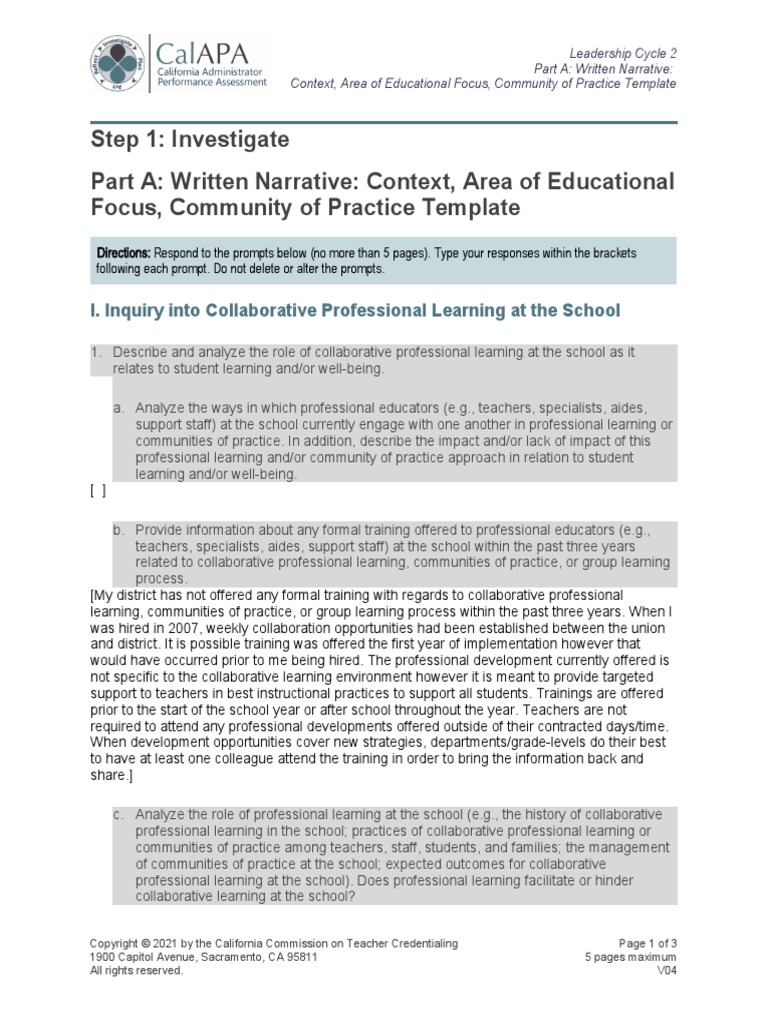 Step 1: Investigate Part A: Written Narrative: Context, Area of ...