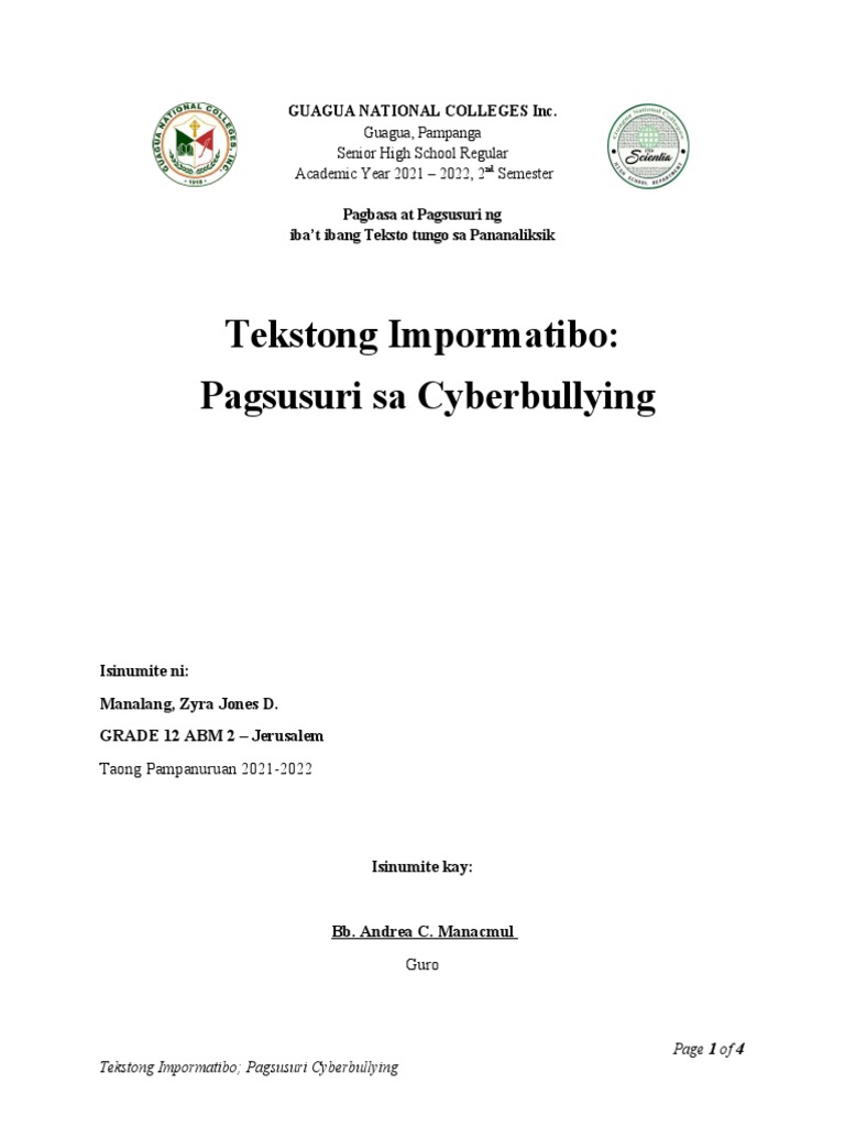 GAWAIN 1 TEKSTONG IMPORMATIBO AnswerSheet | PDF