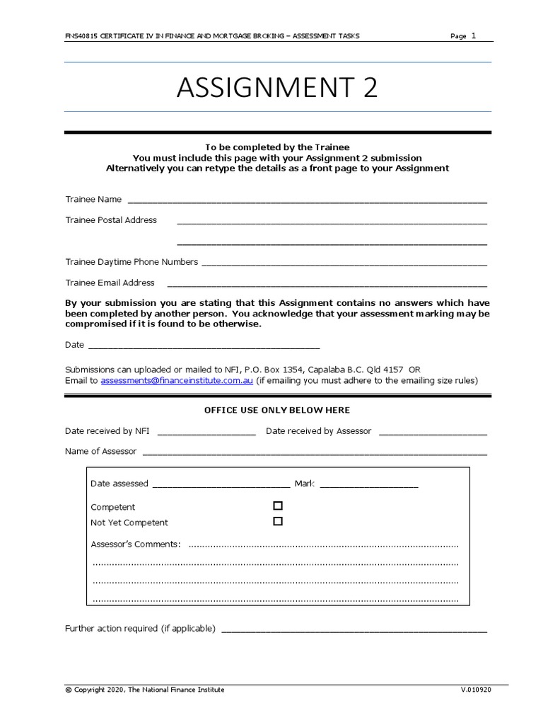 Assignment 2: Fns40815 Certificate Iv in Finance and Mortgage Broking ...
