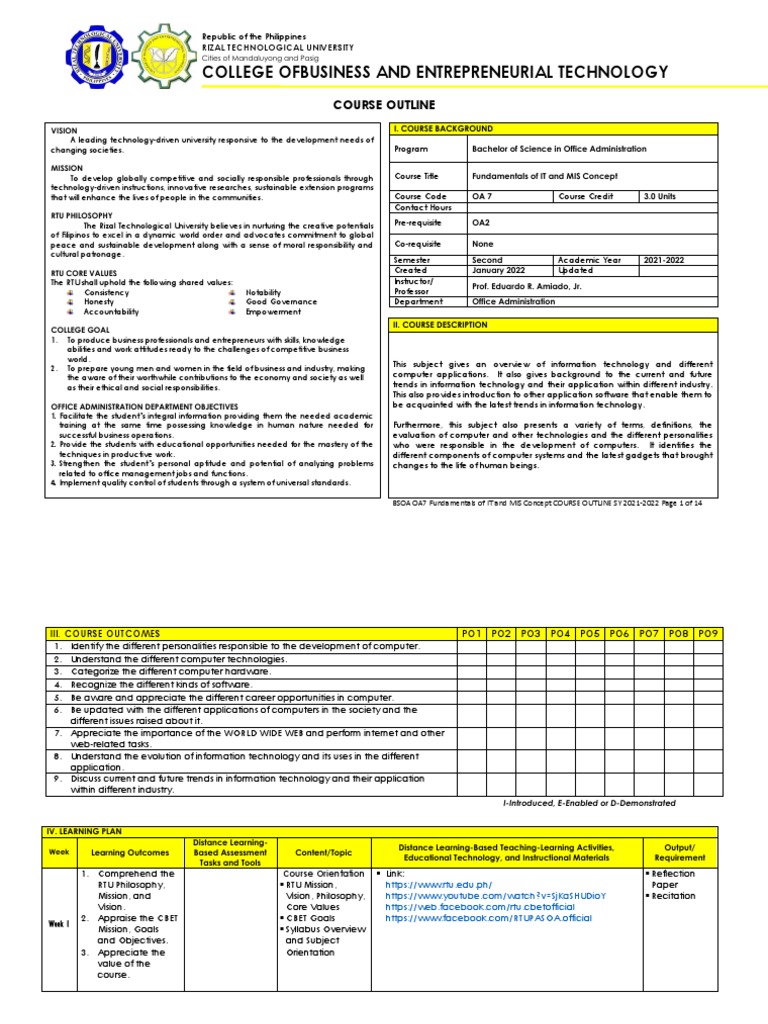 Bsoa Oa7 Fundamentals of It and Mis Concept Course Outline Sy 2021 2022 ...