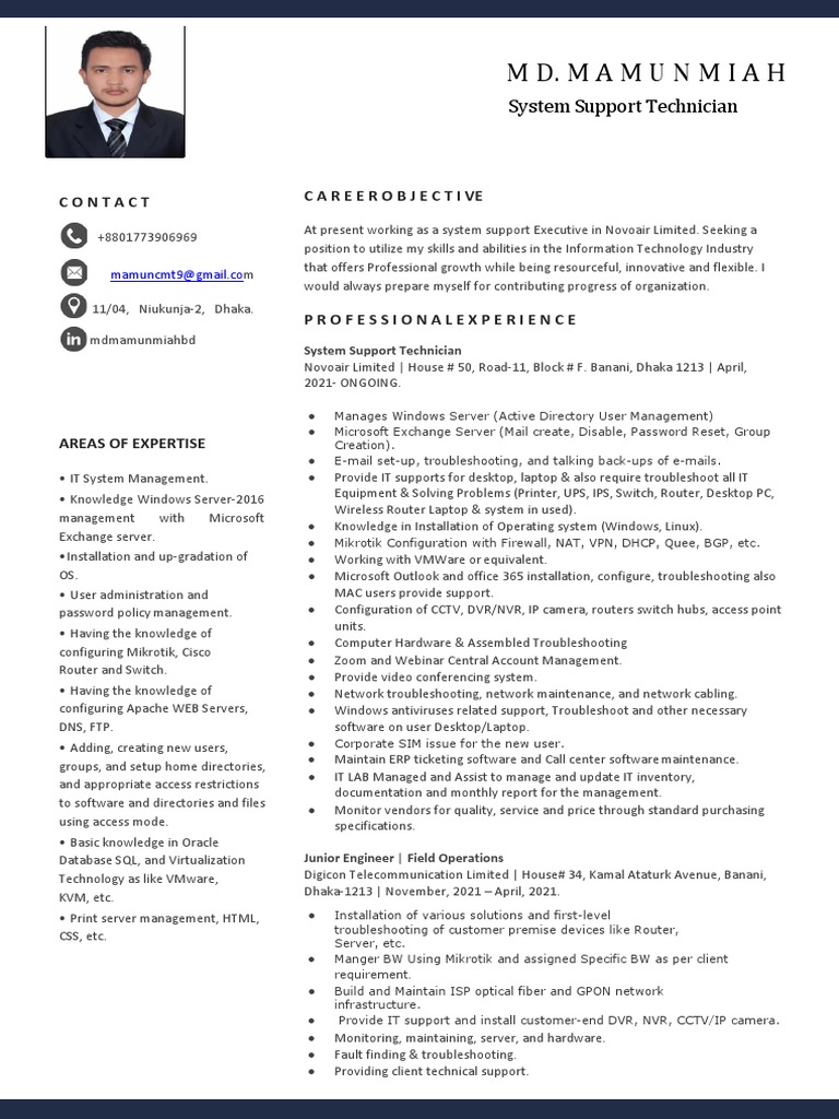 Md. Mamun Miah - CV | PDF | Computer Network | Operating System