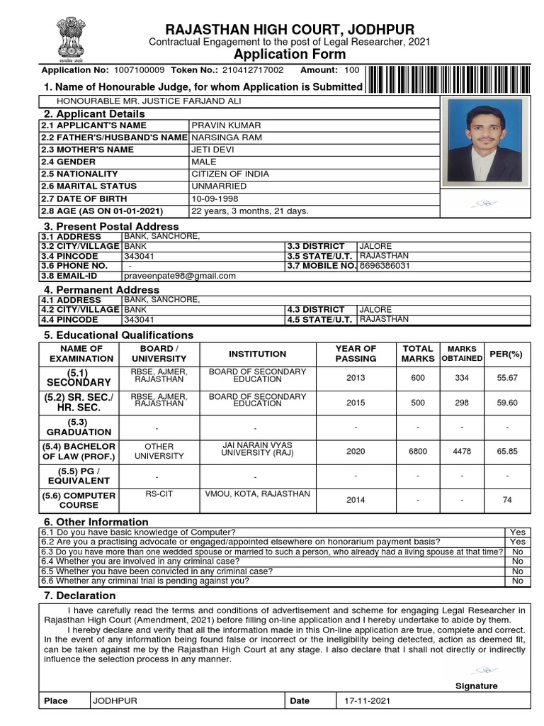 Rajasthan High Court, Jodhpur Application Form: 2. Applicant Details ...