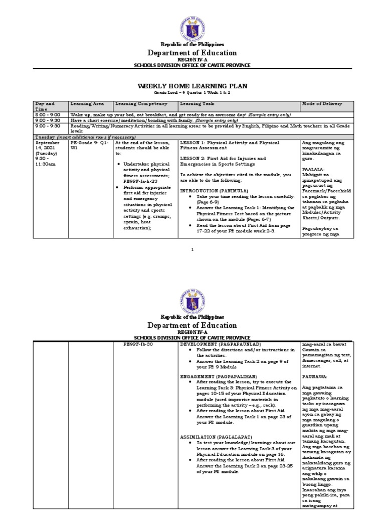 WHLP - PE Grade 9 WHLP Q1 W1 W2 | PDF | Learning | Behavior Modification