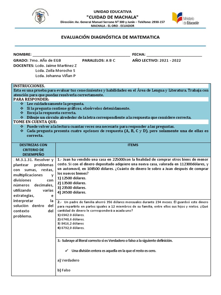 Evaluación Diagnóstica Matemática 7mo EGB | PDF | Números | Decimal