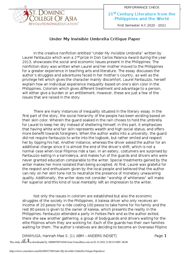 Under My Invisible Umbrella Critique Paper: 21 Century Literature From The Philippines and The ...