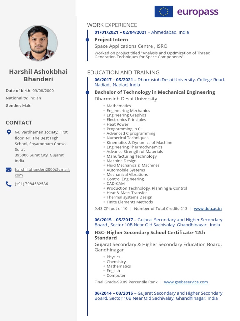 Harshil Europass CV | PDF | Engineering | Machines