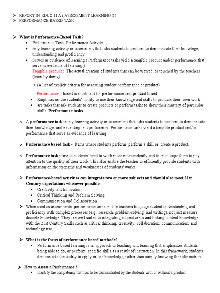 Tangible Product: Report in Educ 11 A (Assessment Learning 2) Performance-Based Task | PDF ...