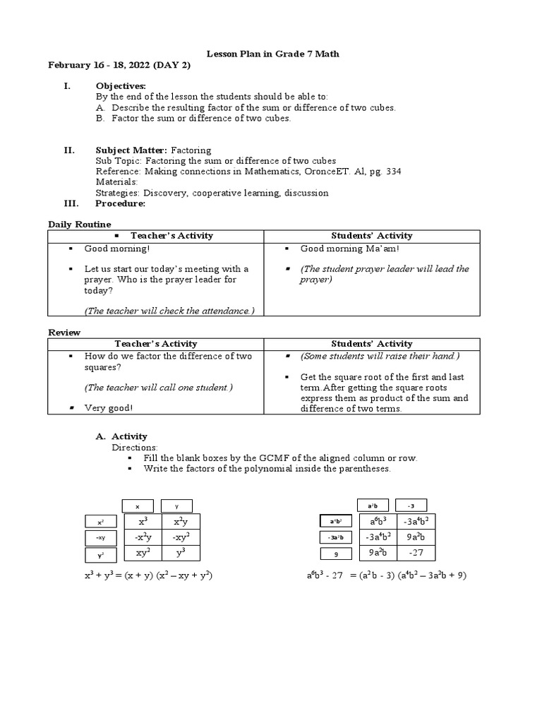 Factoring Sum and Difference of Cubes | PDF | Factorization | Lesson Plan