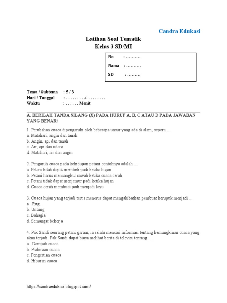 Soal Tematik Kelas 3 - Tema 5 - Sub 3 | PDF