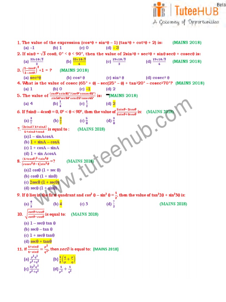 Class 10 Trigonometry Questions | PDF | Trigonometric Functions ...