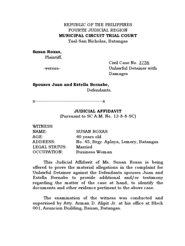 Judicial Affidavit of Susan Roxas in Support of Her Complaint for ...