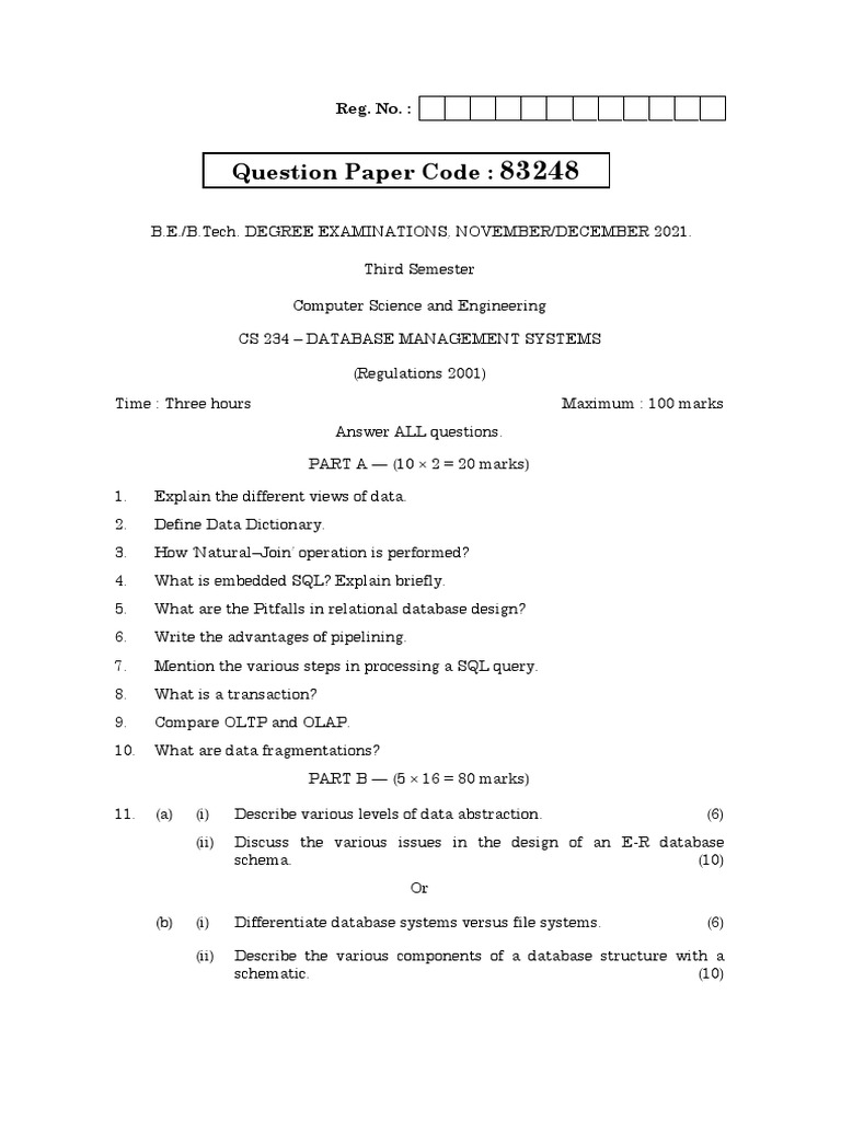 Question Paper Code:: Reg. No. | PDF | Databases | Information Management